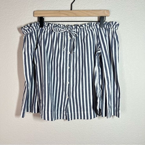 Madewell Blue White Striped Ruffled Button Down Off Shoulder Crop Top Small | eBay