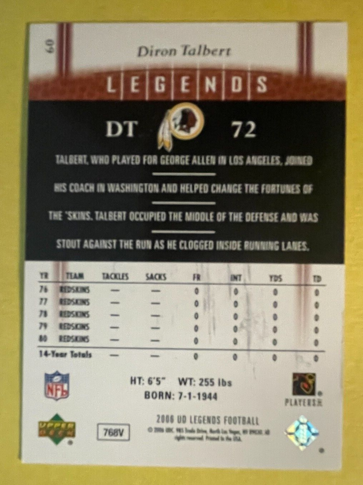 SIGNED 2006 DIRON TALBERT UPPER DECK LEGENDS CARD AUTOGRAPH - REDSKINS ...