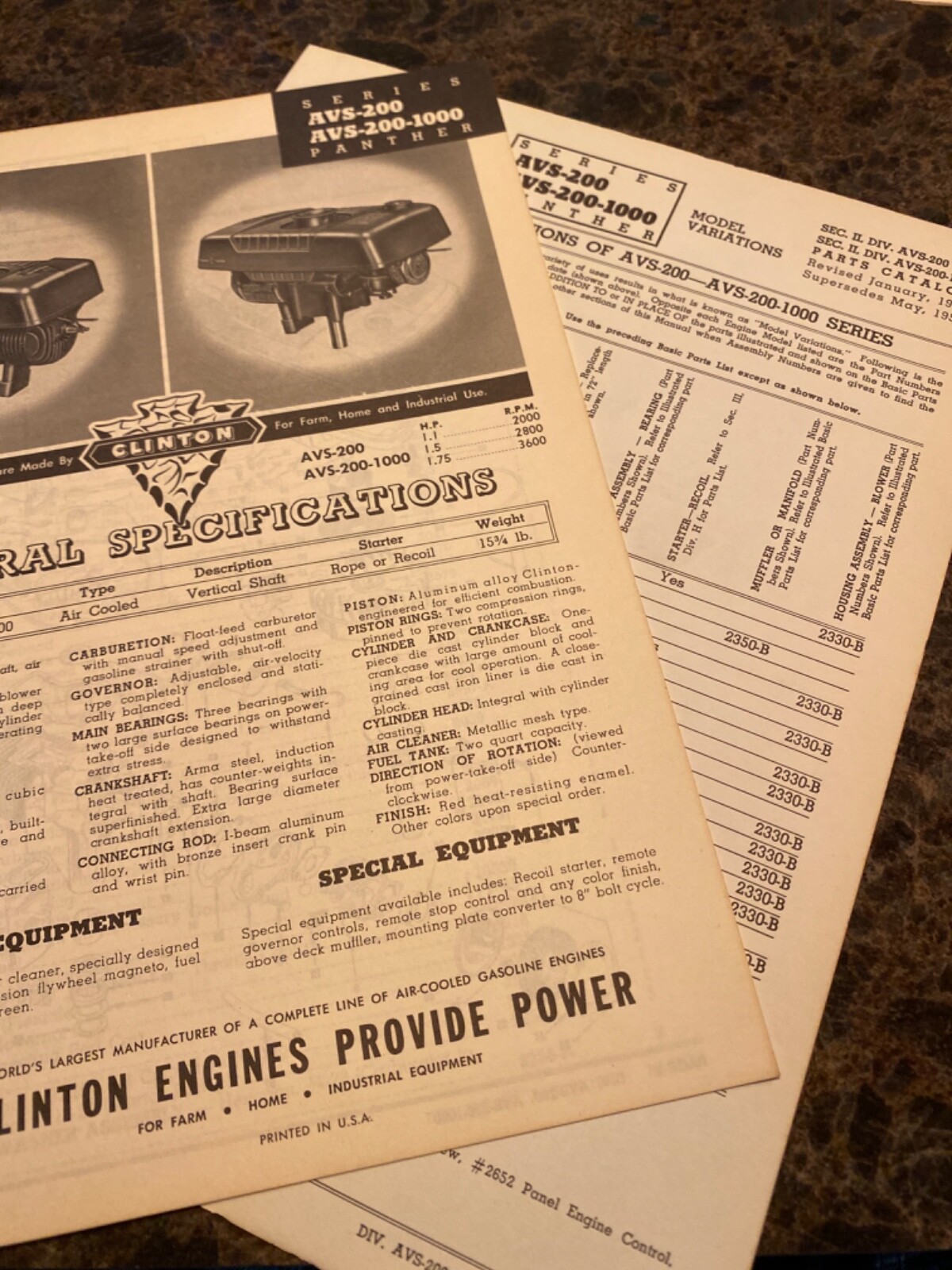 clinton engine aVs 200,200-1000 illustrated parts list,antique clinton ...
