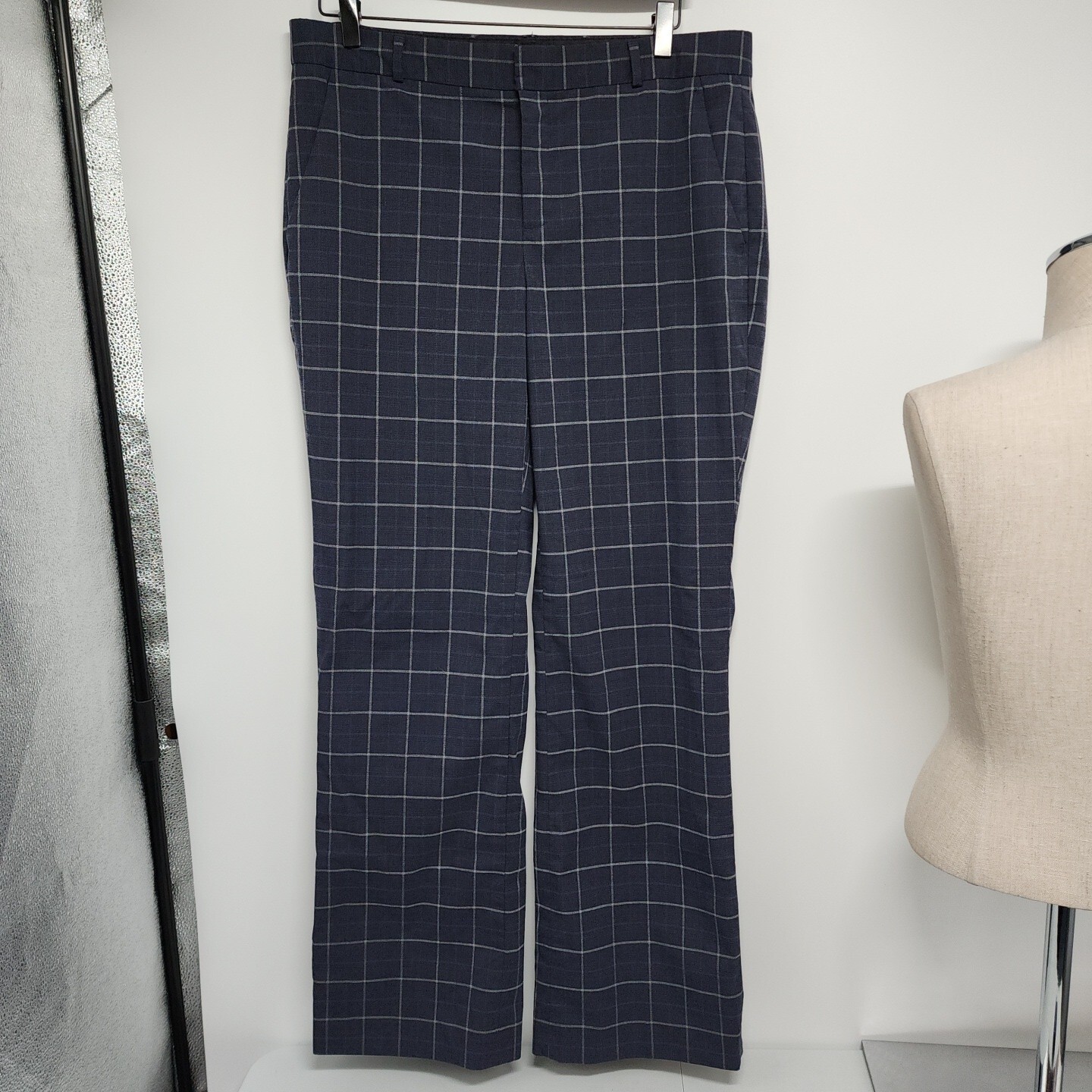 BANANA REPUBLIC Size 14 Womens LOGAN WINDOW PANE plaid PANTS Blue wide ...