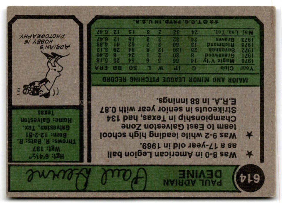 1974 Topps Adrian Devine Rookie Atlanta Braves #614 | eBay