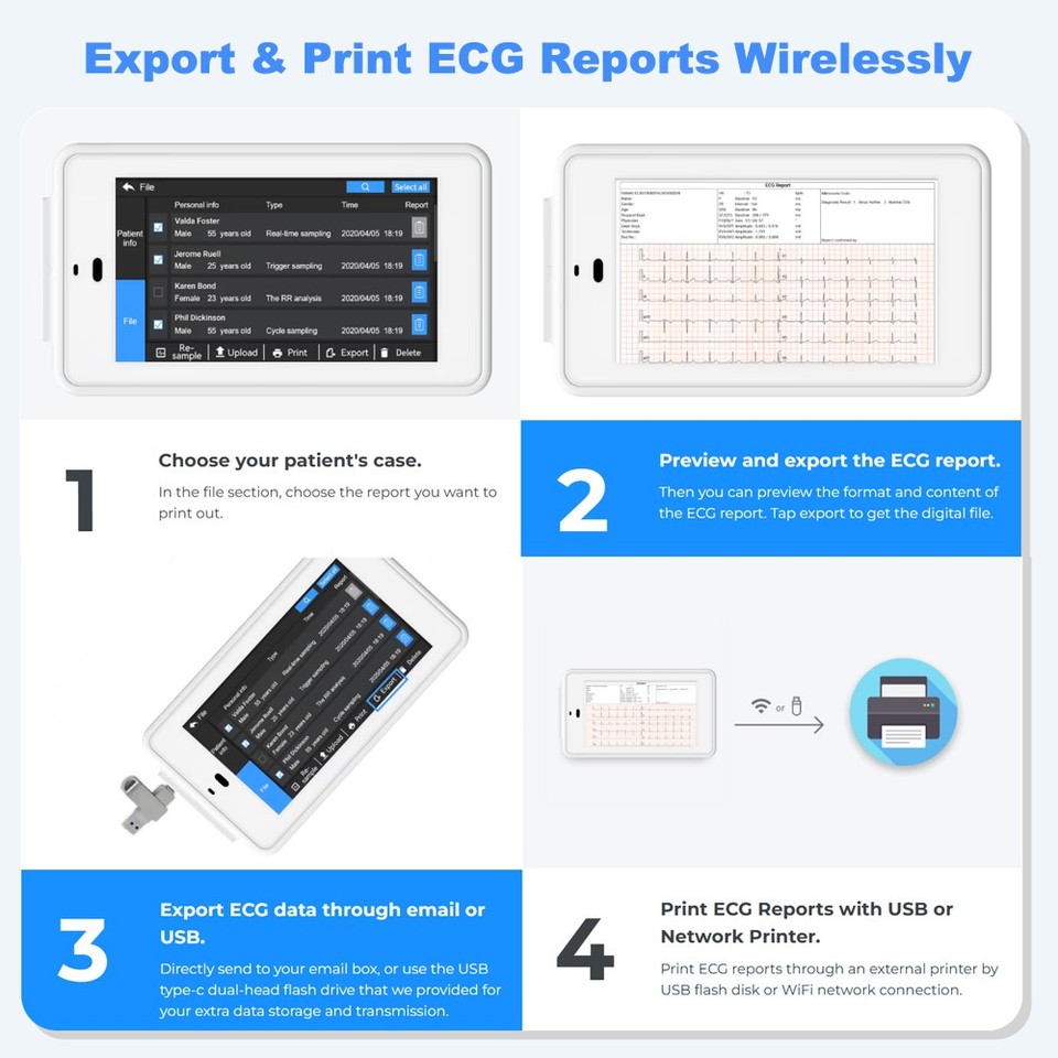 Portable 6/12 Lead ECG Machine Auto Analysis Diagnosis Email，Wi-Fi data ...
