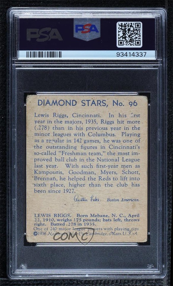 1934-36 National Chicle Diamond Stars R327 Lew Riggs #96 PSA 1.5 | eBay