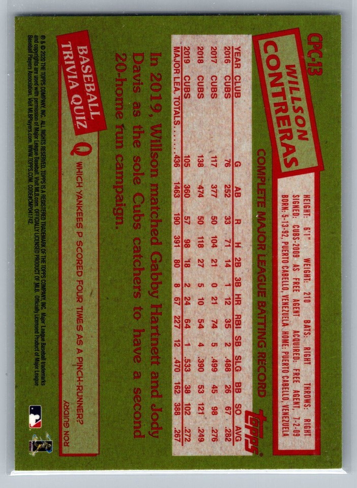 2020 Topps Update #CPC-13 Willson Contreras 1985 Topps Chrome Silver ...