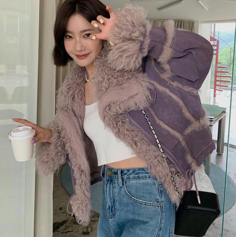 Rabbit Fur Coat Women's Short Biker Jacket Lamb Fur Collar Punk Leather ...