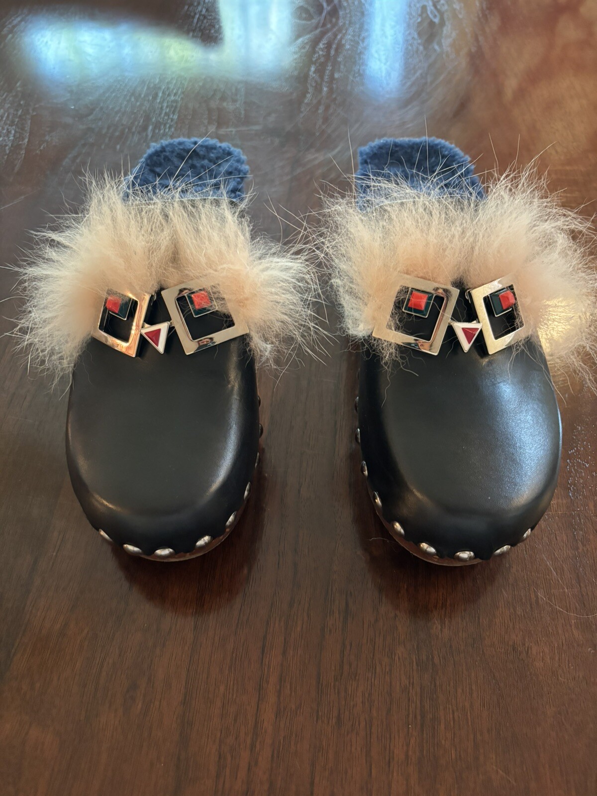 Fendi Faces Shearling & Fox Clogs/ Black/ Sz 41 - Gem