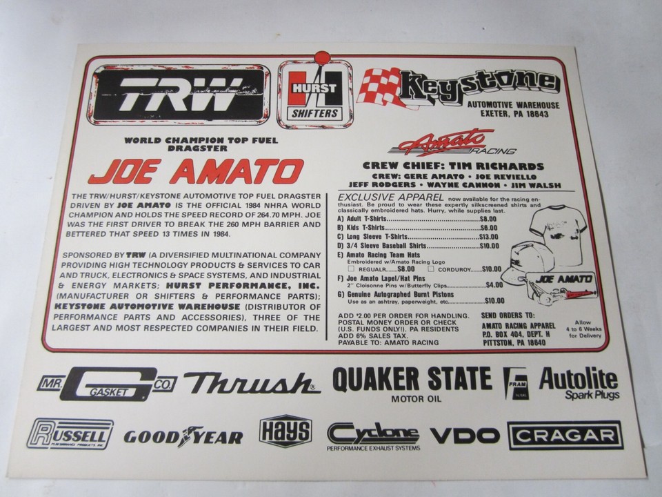 NHRA Original 84 Joe Amato World Champion T/F Dragster Drag Racing ...