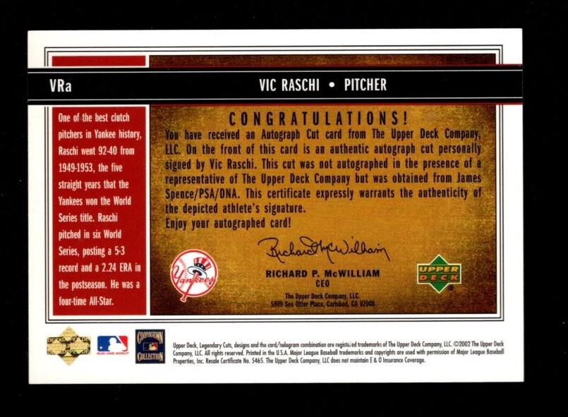 2002 Legendary Cuts SP Auto Autograph Vic Raschi 87/98 | eBay
