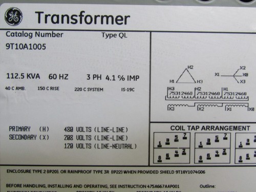 😏 GE 112.5 kVA DRY TRANSFORMER 3 PHASE 480 HV 208/120 LV 9T10A1005 | eBay