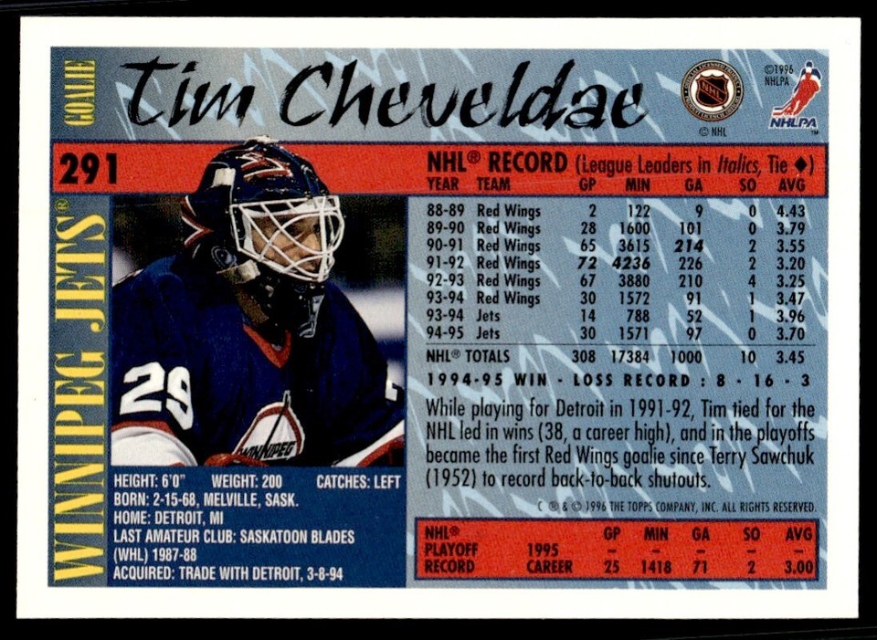 1995-96 Topps Tim Cheveldae Winnipeg Jets #291 | eBay