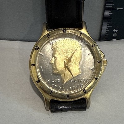 VINTAGE GOLD TONE JOHN F. KENNEDY HALF DOLLAR WATCH W BLACK LEATHER ...