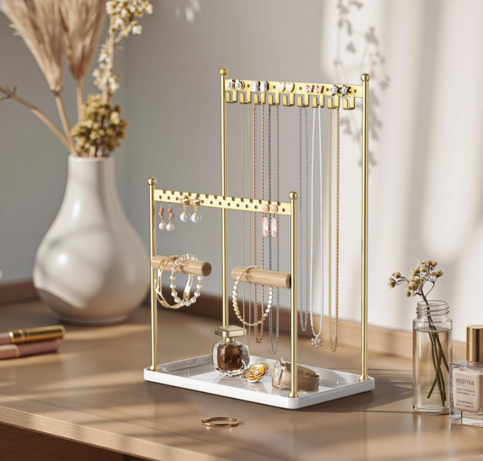 3-Tier Gold Jewelry Stand, Necklace Organizer, Earrings, Bracelets, and ...