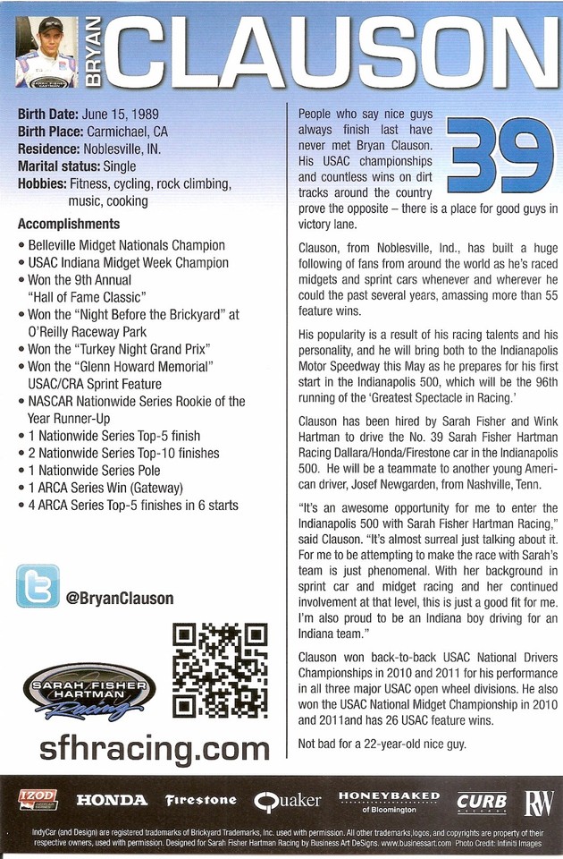 2012 BRYAN CLAUSON INDIANAPOLIS 500 PHOTO CARD INDY CAR HONDA usac ...