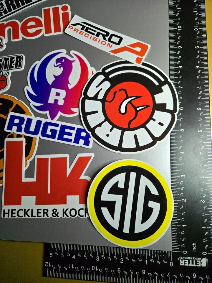 Lot of 11 High quality decal Awesome Gun Brands 9mm, AR etc. Will not ...