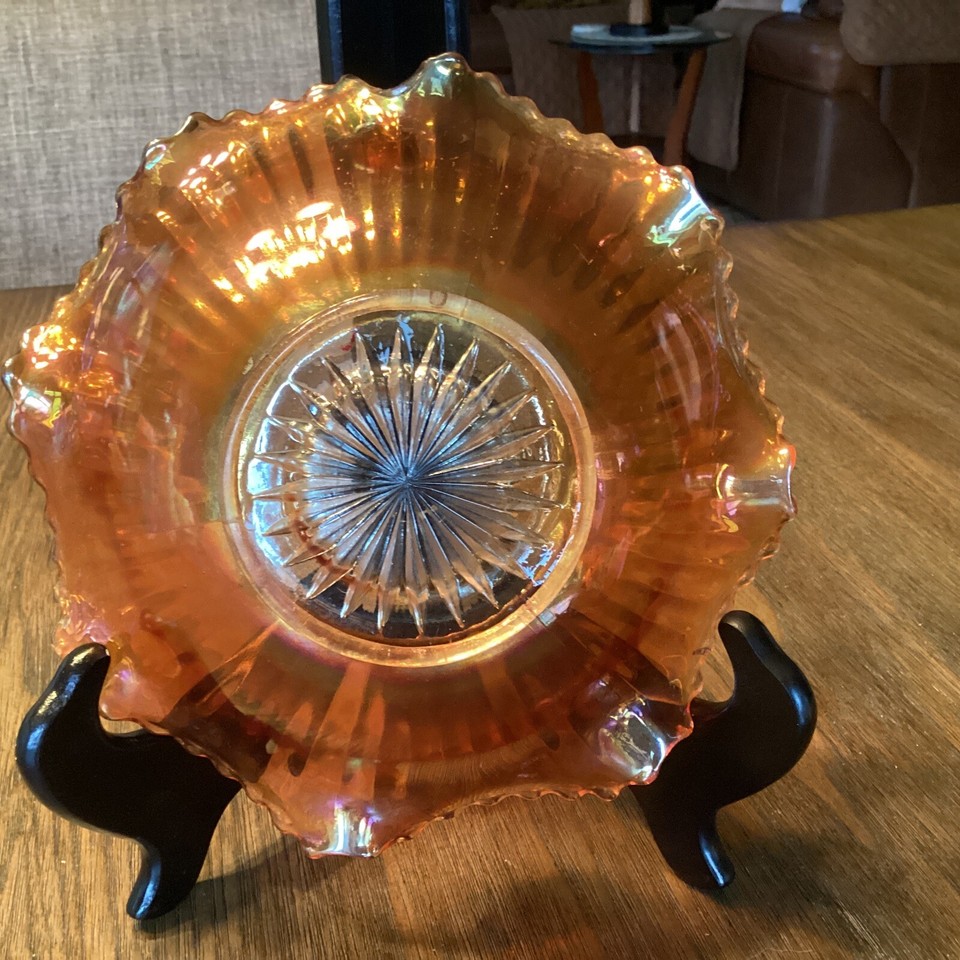 💥 FENTON ☆ Stippled Rays Scale Band Exterior Marigold Carnival Glass ...