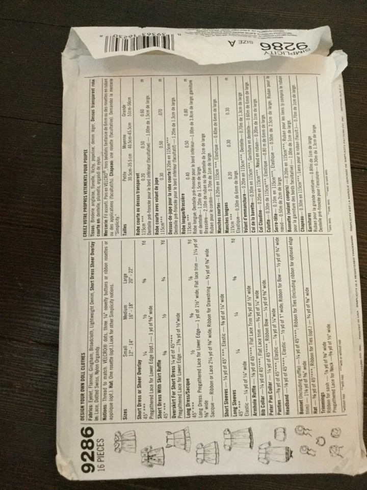 Simplicity Crafts 9286 Design Your Own Baby Doll Clothes Size 12-22 ...