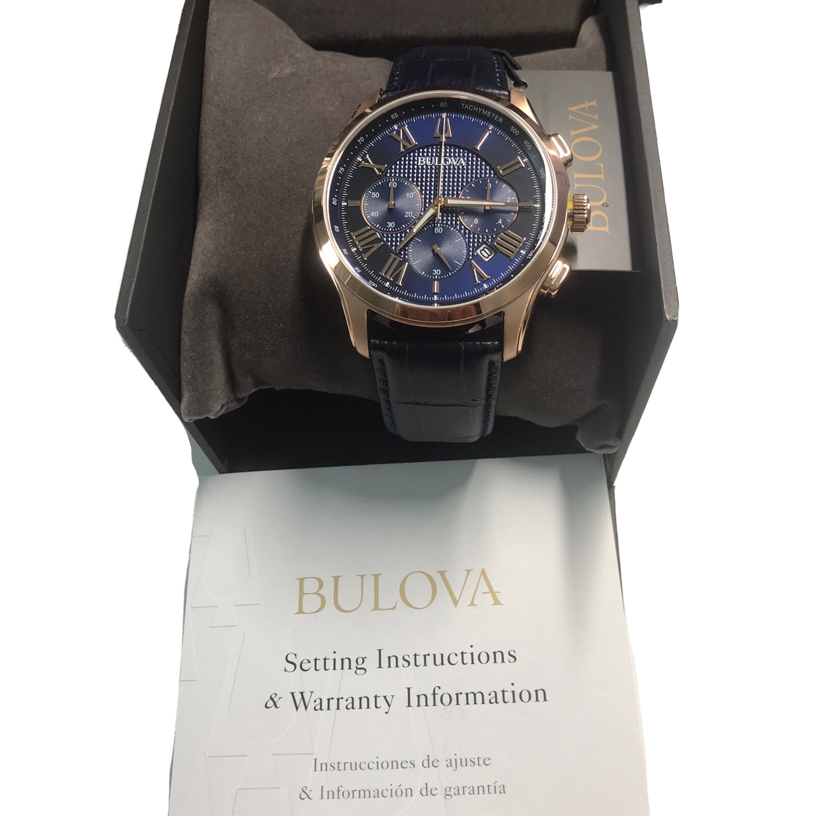 Bulova Wilton men watch Chronograph Stainless Steel blue leather strap ...
