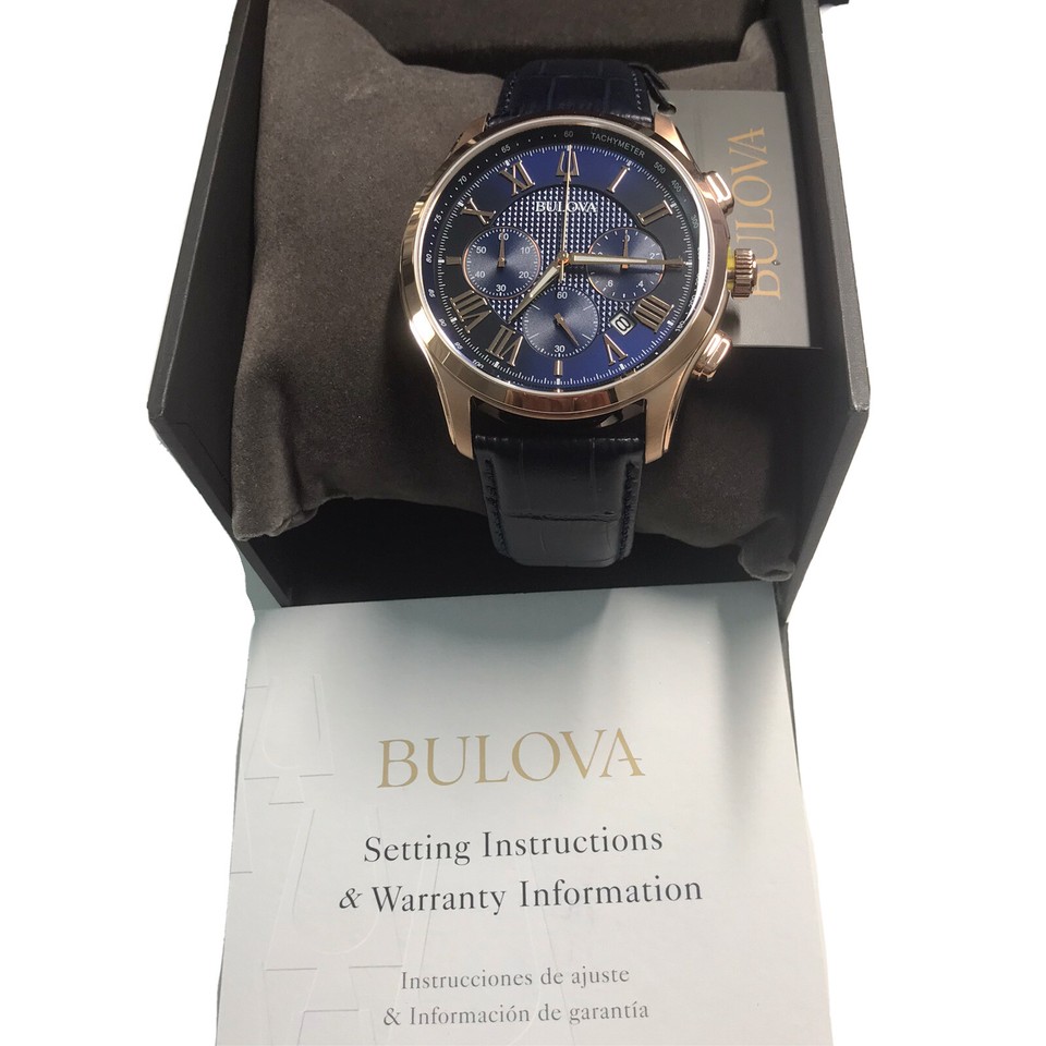 Bulova Wilton men watch Chronograph Stainless Steel blue leather strap ...