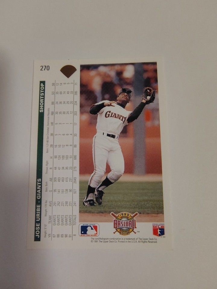 1992 Upper Deck Jose Uribe error card #270 *rare* wrong Date of birth ...