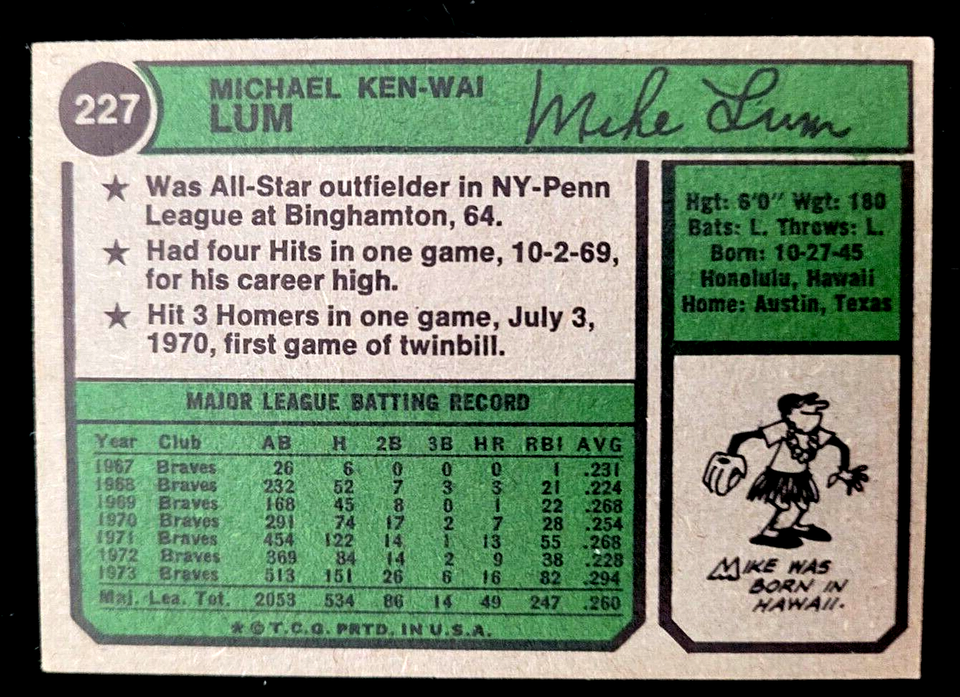 1974 TOPPS #227 MIKE LUM VINTAGE CARD ATLANTA BRAVES | eBay