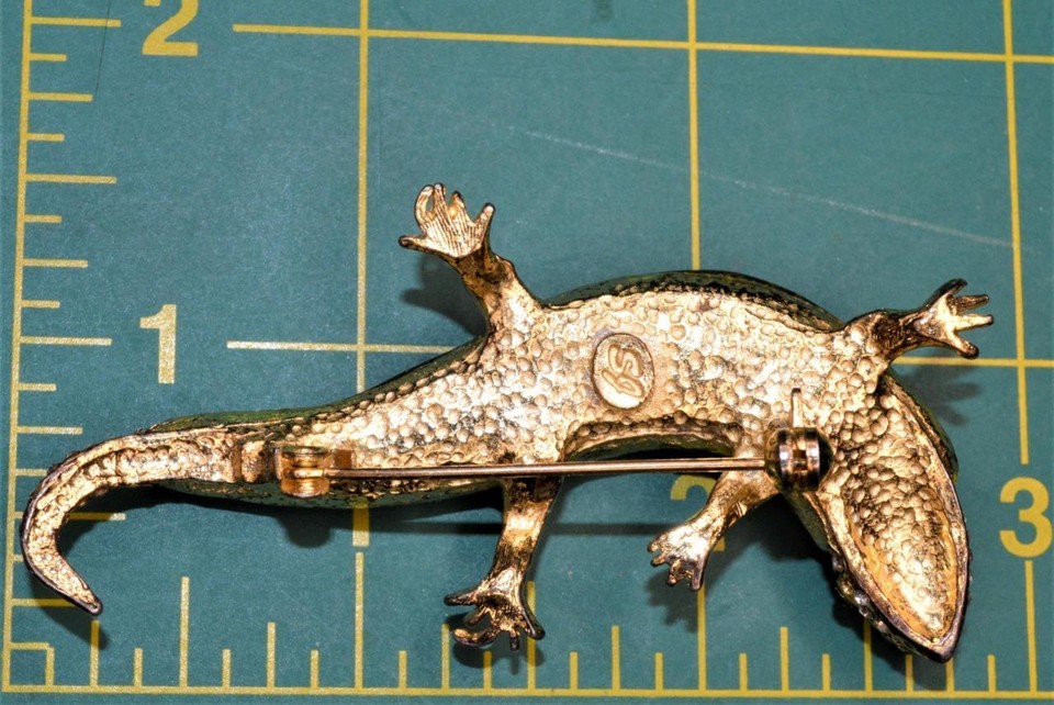 Vintage Signed SJ St. JOHN Goldtone Enamel Clear Rhinestones LIZARD Pin ...