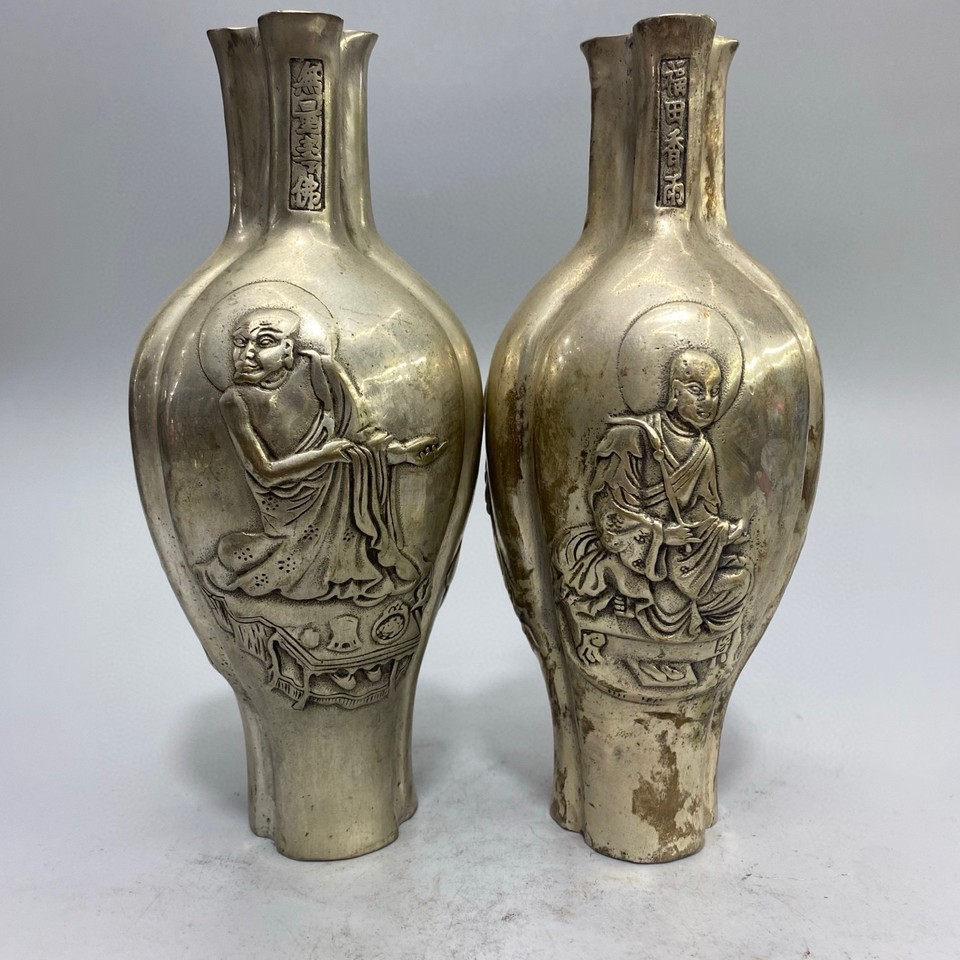 8.6"China Dynasty Silver Louhan Rohan Arhat Monk Seng Flower Bottle ...