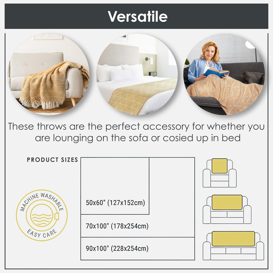 Throw Blanket for Sofas Couch Bed Runner Scandi Woven Soft Cotton Zahra ...