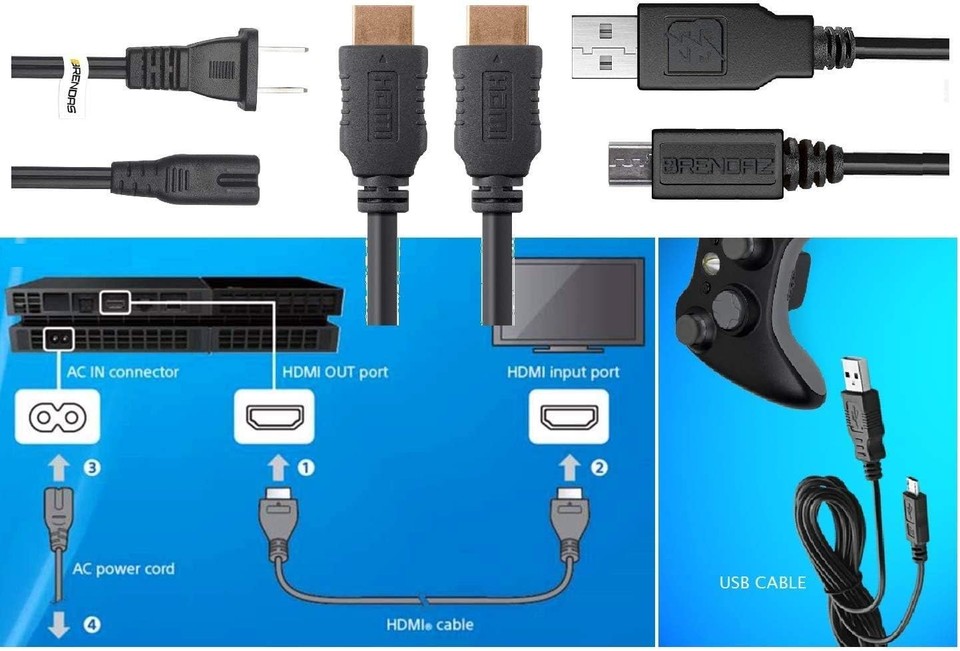 10ft Replacement Cable Set for PS4/PS4 Pro – HDMI, USB & Power Cord ...