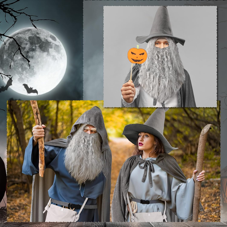 5 Pcs Grey Wizard Costume for Men Wizard Hat Grey Curly Wig and Beard ...