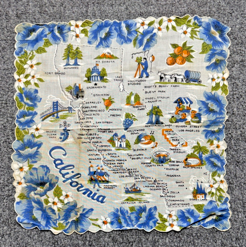 Vtg California Handkerchief 14x14 Blue White State Flower Oranges | eBay