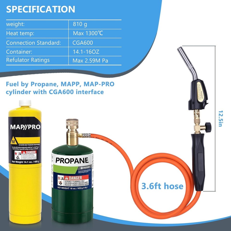 Propane Torch Hose Kit, Mapp Gas Torch Heat 3600℉ Map Gas Torch Kit ...