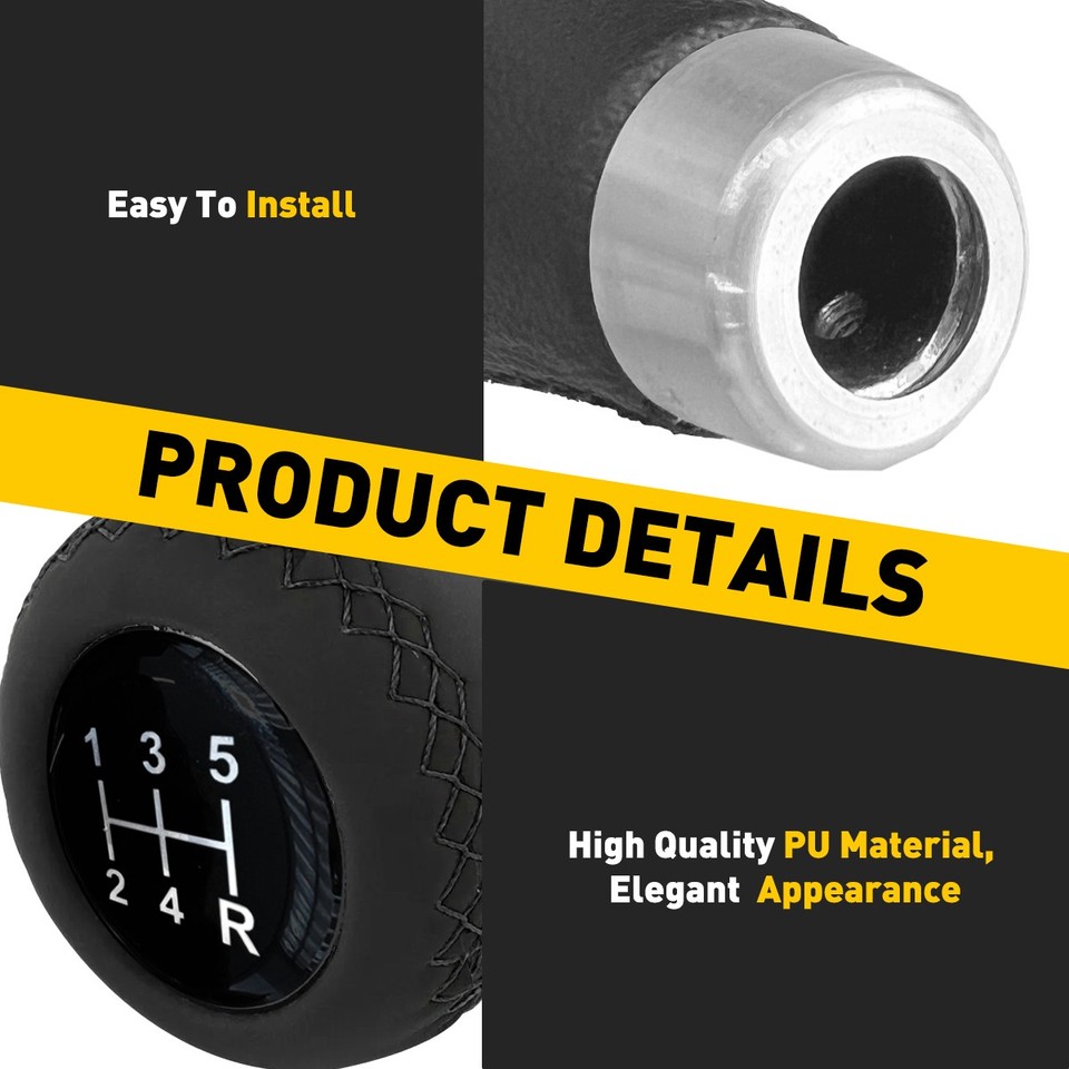 Black Leather 5 Speed Car Shift Gear Knob Shifter Lever Stick Manual ...