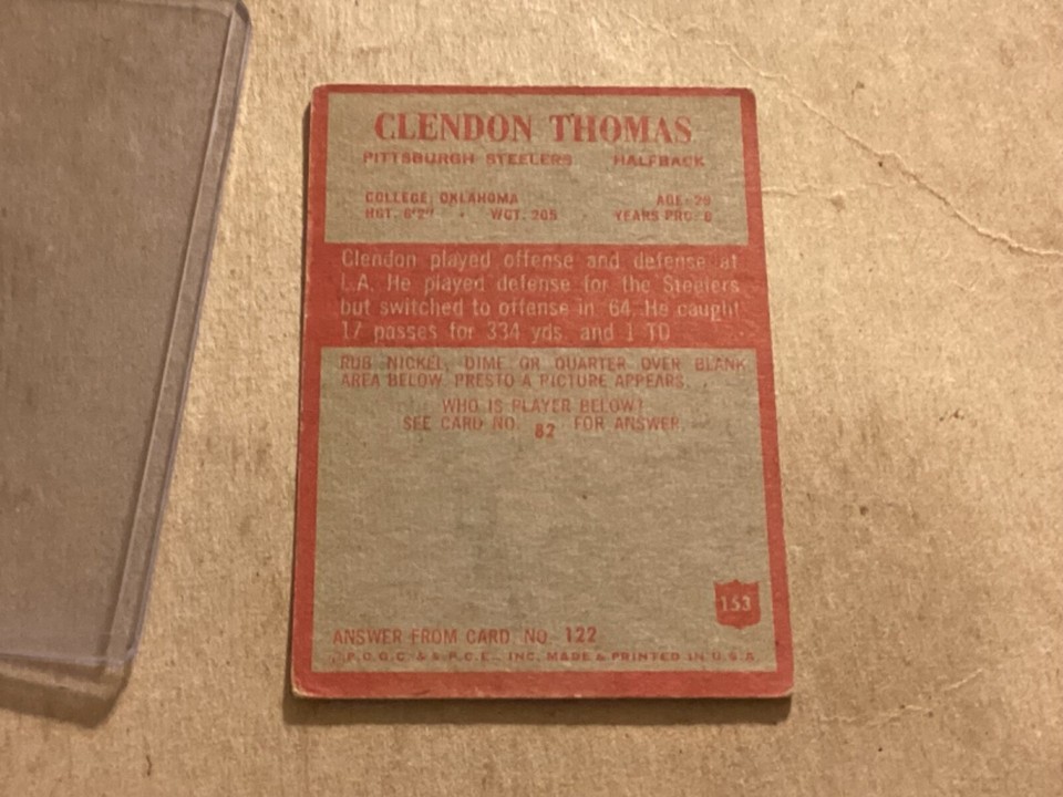 Clendon Thomas AUTOGRAPHED 1965 Philadelphia - Steelers - EX - Lite ...