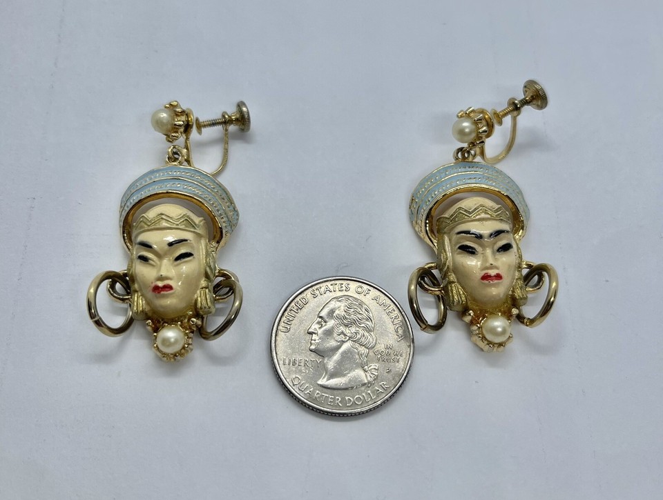 Vintage MCM Unmarked Selro Selini Asian Princess Face Enamel Screwback ...