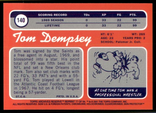2001 Topps Archives Reserve #77 Tom Dempsey New Orleans Saints | eBay