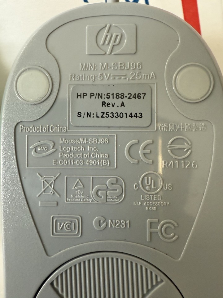 HP Compaq PS/2 Mouse Scroll Wheel Mechanical Wired P/N 5188-2467 REV A ...