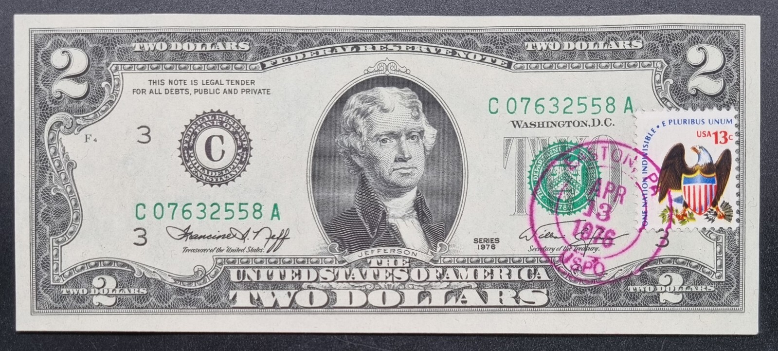 1976 Two Dollar Federal Reserve Note $2 First Day of Issue Postmarked ...