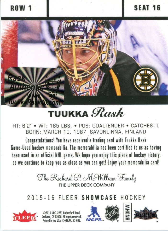Tuukka Rask Boston Bruins Signed Autographed 15-16 Fleer The Flair ...