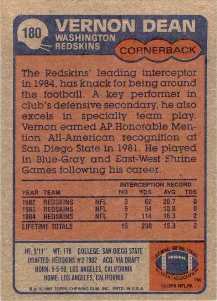 1985 TOPPS VERNON DEAN WASHINGTON REDSKINS #180 | eBay