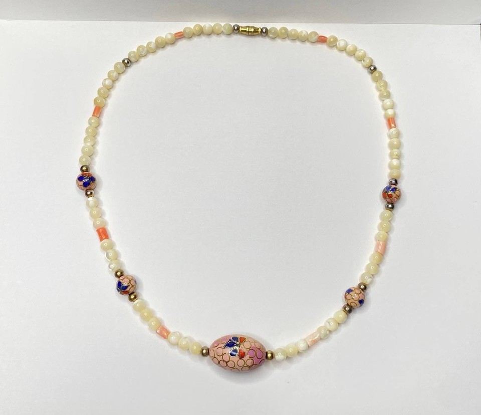 Vintage Chinese Cloisonne Coral Balamut Mother Of Pearl Enamel Necklace ...