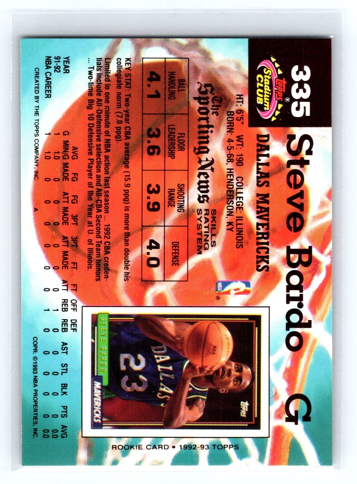 1992-93 Stadium Club Dallas Mavericks Basketball Card #335 Steve Bardo ...