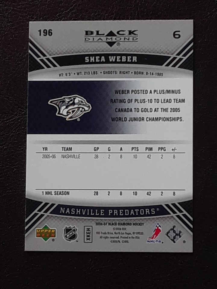 2006-07 Upper Deck Black Diamond RC Rookie Gems Shea Weber #196 ...