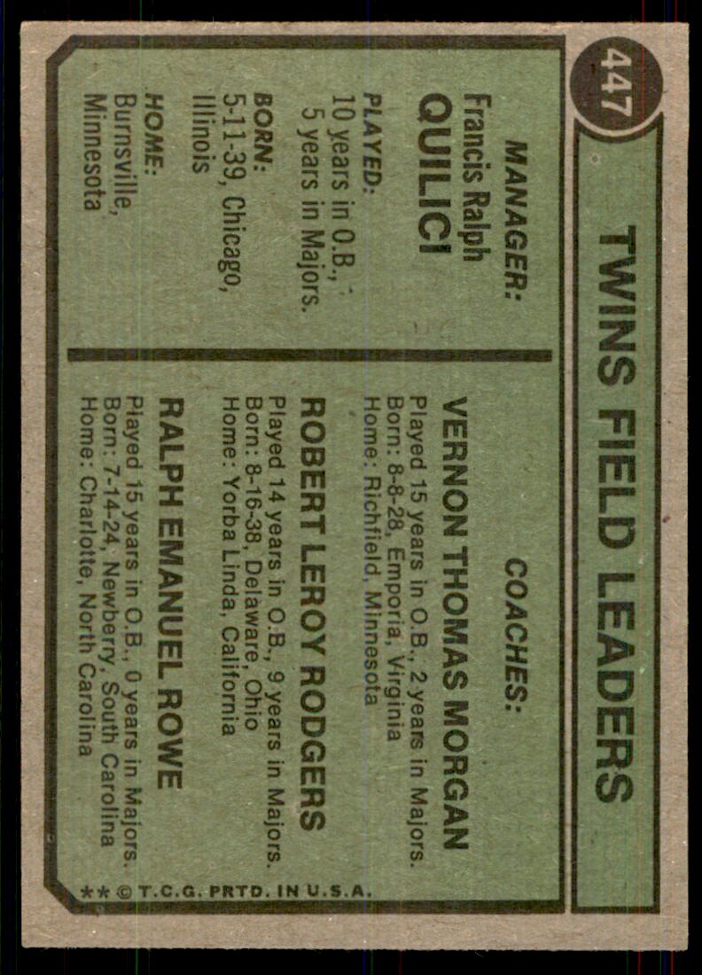 1974 Topps Frank Quilici/Ralph Rowe/Vern Morgan/Bob Rodgers Baseball ...