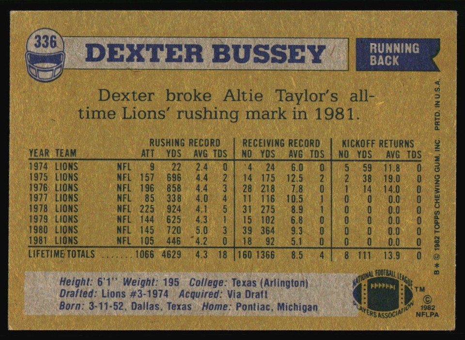 1982 Topps Dexter Bussey #336 Detroit Lions | eBay