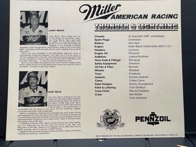 VRHTF NHRA "VINTAGE GARY BECK & LARRY MINOR MILLER LITE DRAGSTER" HAND ...