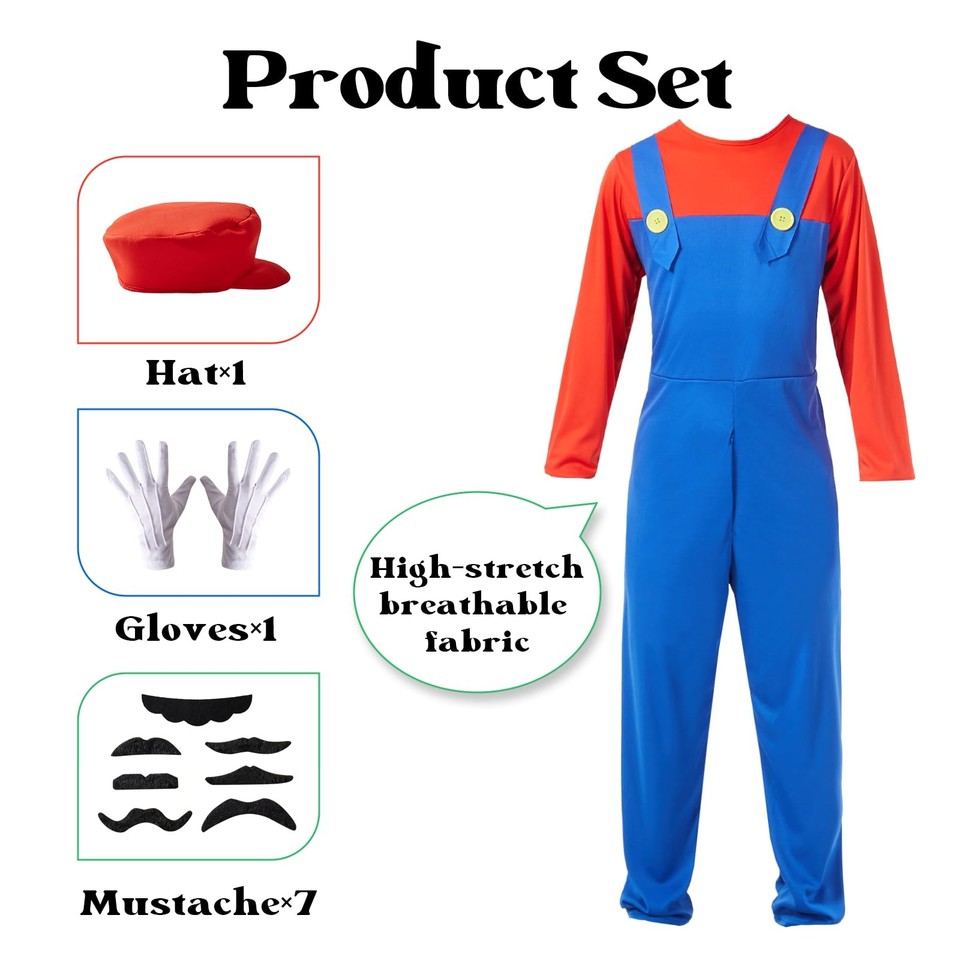 Halloween Costume Men Adult,Plumber Jumpsuit Cosplay Costume with Hat ...