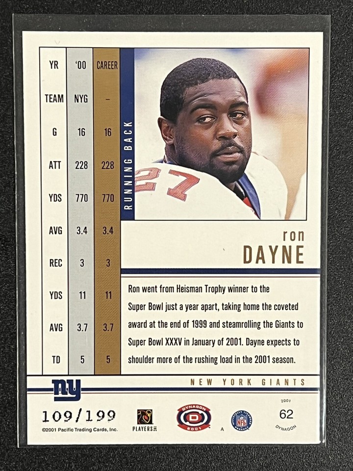 2001 Pacific Dynagon Retail Silver #62 Ron Dayne /199 New York Giants ...