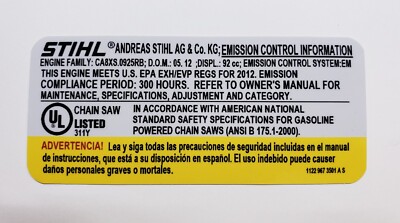 Stihl MS 660 Chainsaw Emissions Label Stihl Label # 1122 967 3501 ...