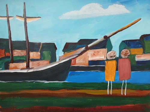 Dockside watching boats unload cargo, original Acrylic 14x11 painting ...