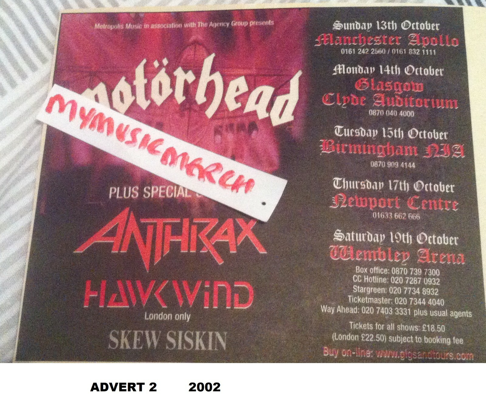 MOTORHEAD - UK TOUR DATES 1984 2002 2004 2005 - small advert / fridge ...